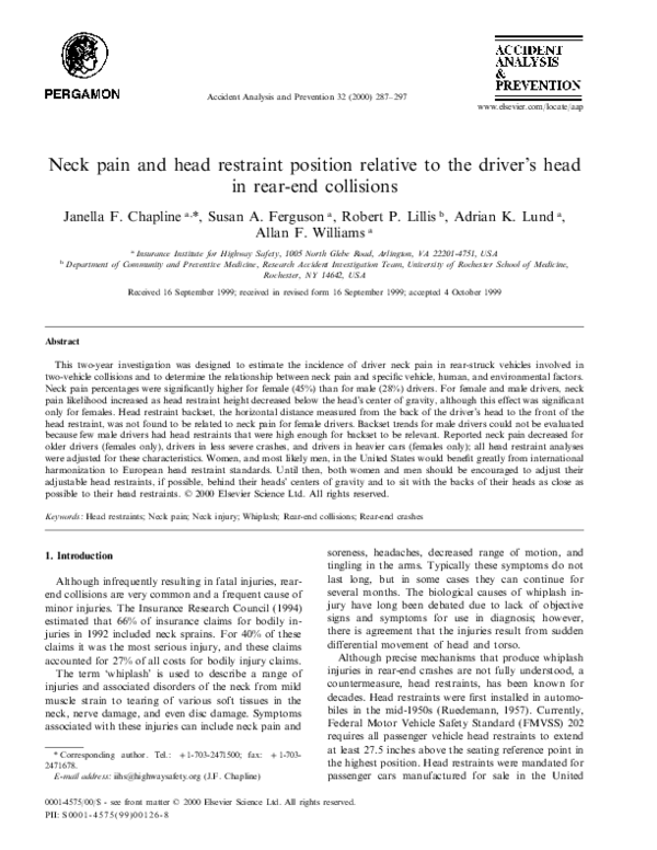 (PDF) Neck pain and head restraint position relative to the driver’s head in rear-end collisions