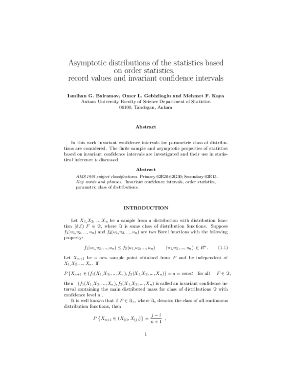 (PDF) Asymptotic Distributions of Statistics Based on Order Statistics and Record Values and ...