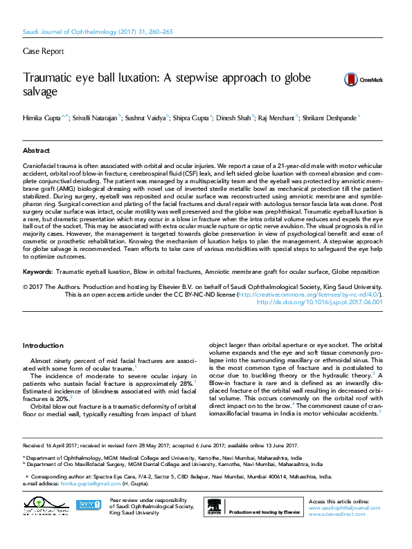 (PDF) Traumatic eye ball luxation: A stepwise approach to globe salvage