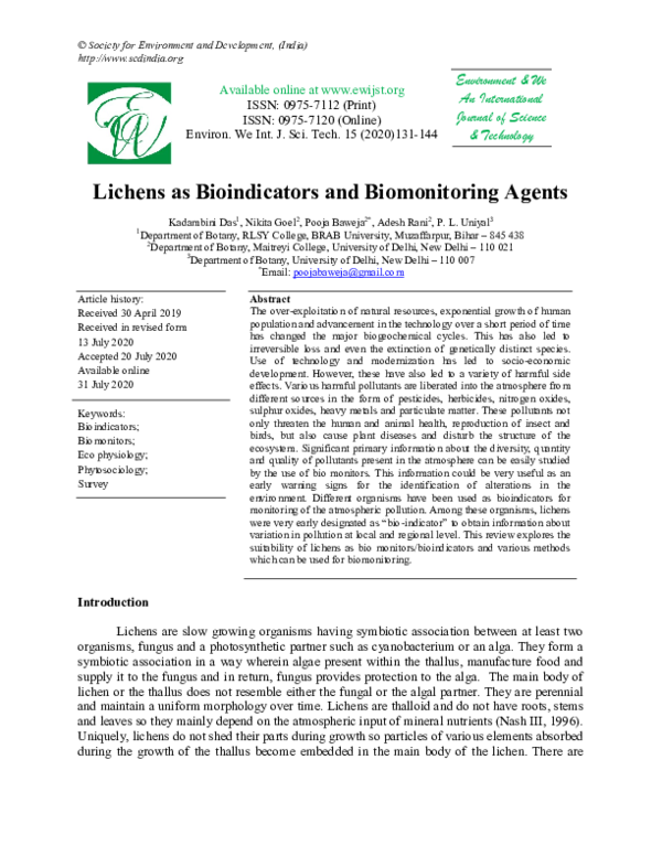 (PDF) Lichens as Bioindicators and Biomonitoring Agents
