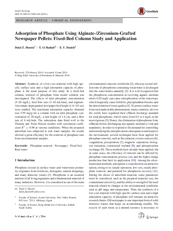(PDF) Adsorption of Phosphate Using Alginate-/Zirconium-Grafted Newspaper Pellets: Fixed-Bed ...