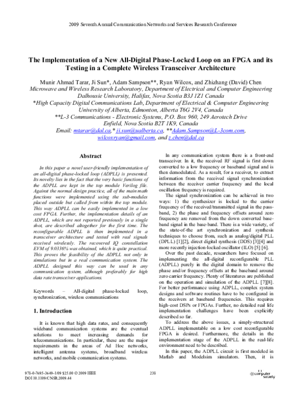 Pdf The Implementation Of A New All Digital Phase Locked Loop On An Fpga And Its Testing In A 1508