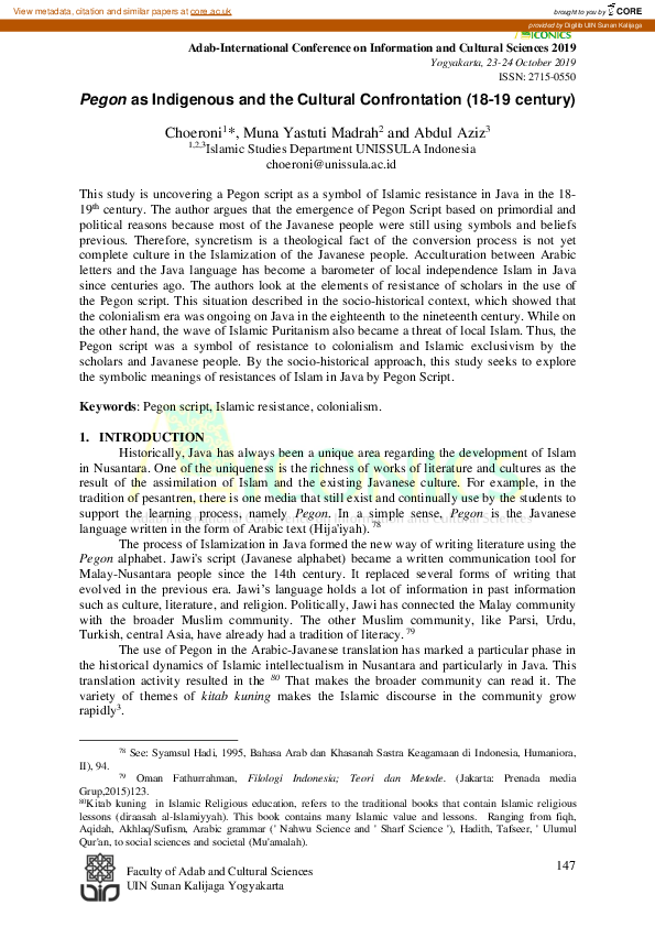 (PDF) Pegon as Indigenous and the Cultural Confrontation (18-19 century)