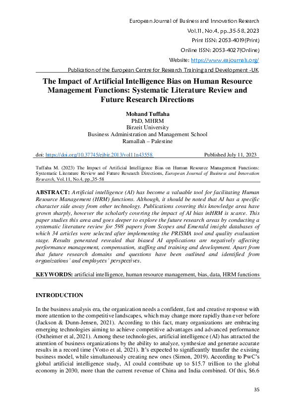 (PDF) The Impact of Artificial Intelligence Bias on Human Resource Management Functions ...