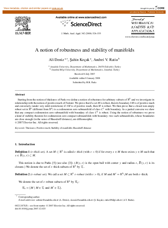 (PDF) A notion of robustness and stability of manifolds | Ali Deniz ...