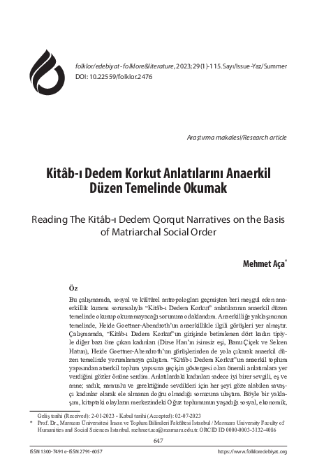 (PDF) Kitâb-ı Dedem Korkut Anlatılarını Anaerkil Düzen Temelinde Okumak/Reading The Kitâb-ı ...