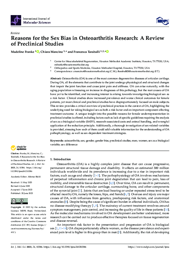 Pdf Reasons For The Sex Bias In Osteoarthritis Research A Review Of