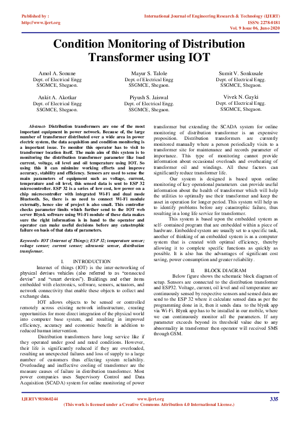 (PDF) Condition Monitoring of Distribution Transformer using IOT