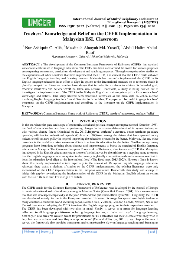 (PDF) Teachers’ Knowledge and Belief on the CEFR Implementation in Malaysian ESL Classroom