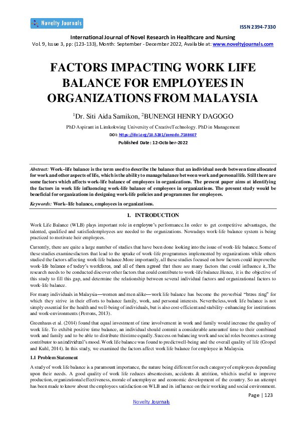 (PDF) Factors Impacting Work Life Balance for Employees in Organizations from Malaysia