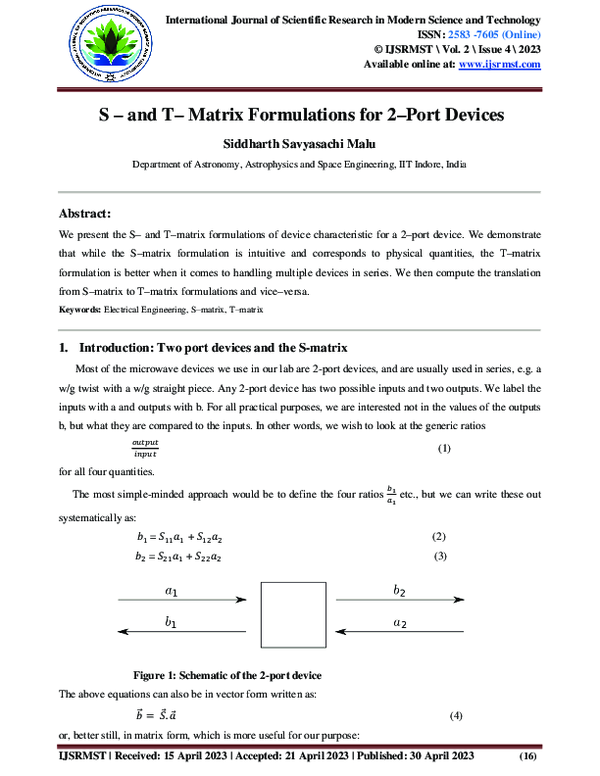 (PDF) S – and T– Matrix Formulations for 2–Port Devices