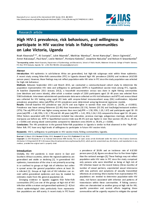 (PDF) High HIV-1 prevalence, risk behaviours, and willingness to ...
