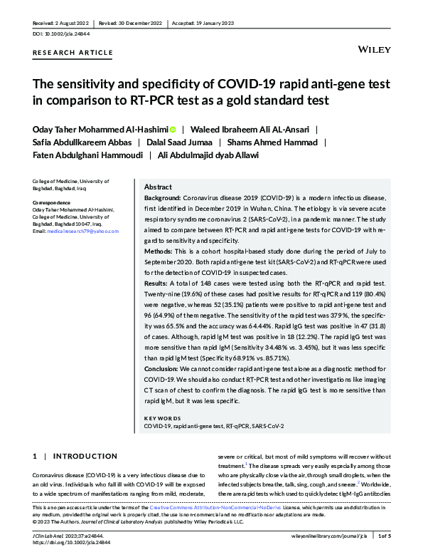 (PDF) The sensitivity and specificity of COVID ‐19 rapid anti‐gene test ...