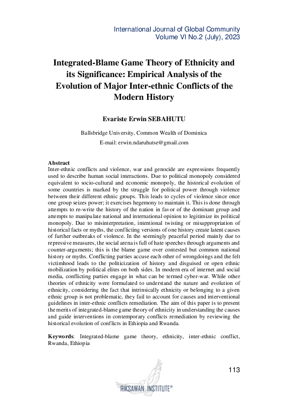 (PDF) Integrated-Blame Game Theory of Ethnicity and its Significance: Empirical Analysis of the ...