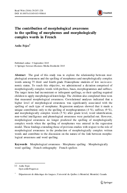 (PDF) The contribution of morphological awareness to the spelling of ...