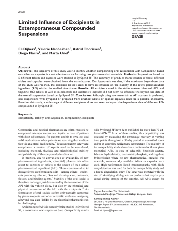 (PDF) Limited Influence of Excipients in Extemporaneous Compounded ...