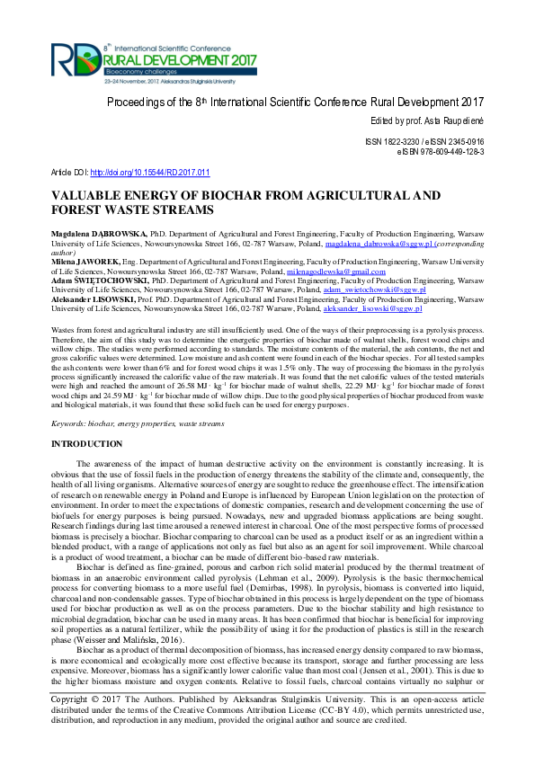 (PDF) Valuable Energy of Biochar from Agricultural and Forest Waste Streams