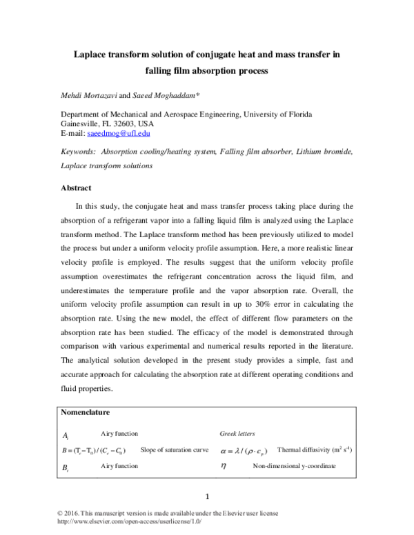 (PDF) Laplace Transform in Falling Film Absorption