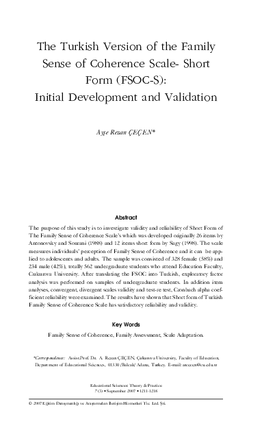 (PDF) The Turkish Version of the Family Sense of Coherence Scale-Short ...
