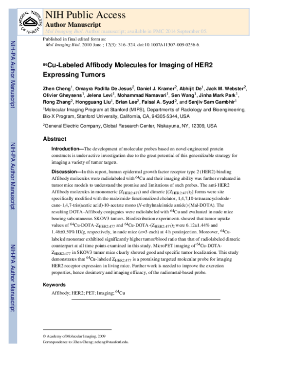(PDF) 64Cu-Labeled Affibody Molecules for Imaging of HER2 Expressing Tumors