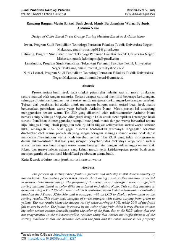 Pdf Rancang Bangun Mesin Sortasi Buah Jeruk Manis Berdasarkan Warna Berbasis Arduino Nano