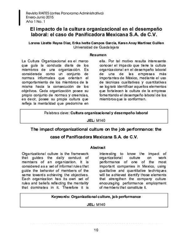 (PDF) El impacto de la cultura organizacional en el desempeño laboral: el caso de Panificadora ...