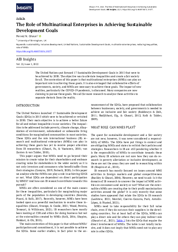 (PDF) The Role of Multinational Enterprises in Achieving Sustainable ...