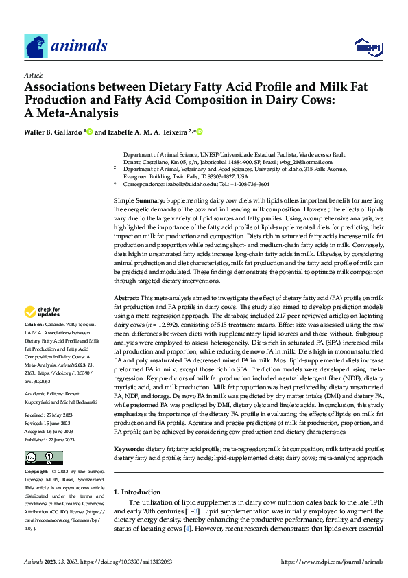 (PDF) Associations between Dietary Fatty Acid Profile and Milk Fat ...
