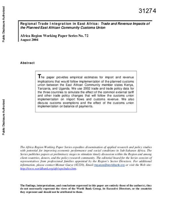 (PDF) Regional Trade Integration in East Africa: Trade and Revenue Impacts of the Planned East ...