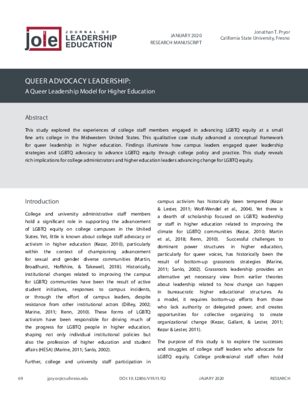 (PDF) Queer Advocacy Leadership: A Queer Leadership Model for Higher ...