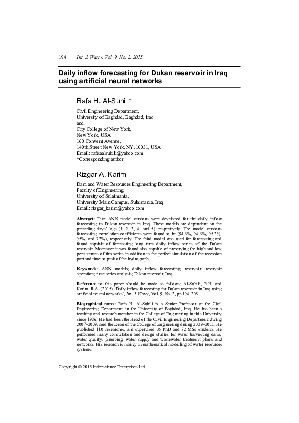 (PDF) Daily inflow forecasting for Dukan reservoir in Iraq using artificial neural networks