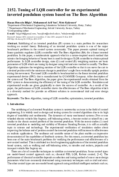 (PDF) Tuning of LQR controller for an experimental inverted pendulum system based on The Bees ...