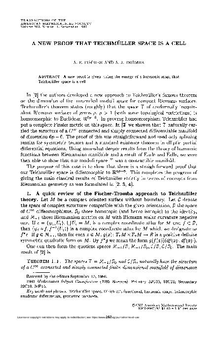 (PDF) A New Proof that Teichmuller Space is a Cell | Arthur Fischer - Academia.edu