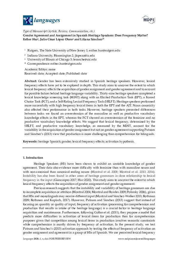 (PDF) Gender Agreement and Assignment in Spanish Heritage Speakers ...