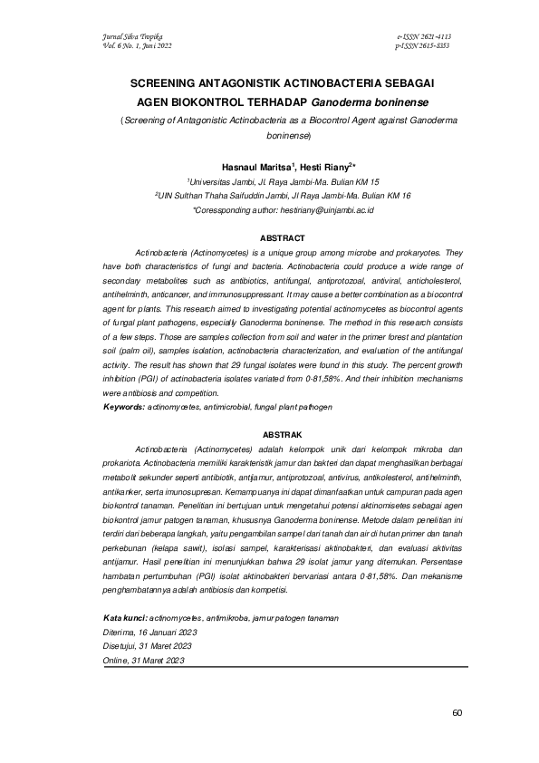 (PDF) SCREENING ANTAGONISTIK ACTINOBACTERIA SEBAGAI AGEN BIOKONTROL TERHADAP Ganoderma boninense