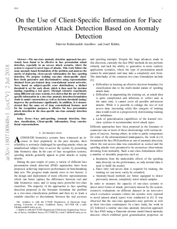 (PDF) Client-specific anomaly detection for face presentation attack detection