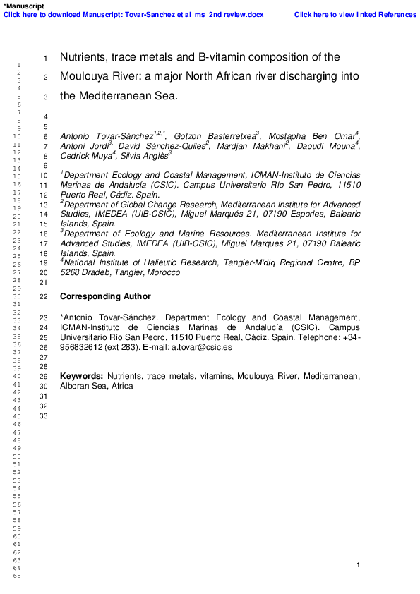 (PDF) Nutrients, trace metals and B-vitamin composition of the Moulouya River: A major North ...