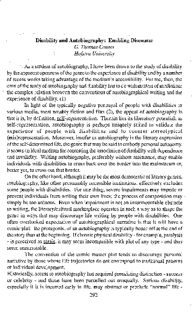 (PDF) Disability and autobiography: Enabling discourse