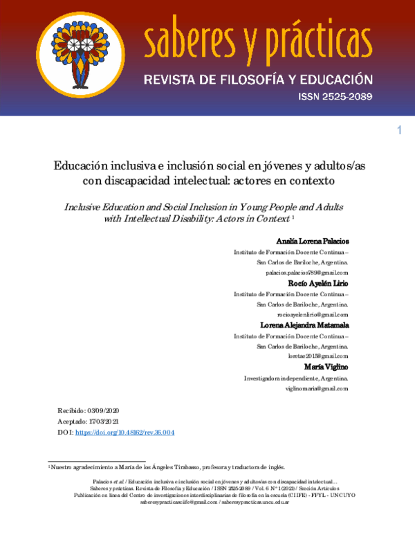 (PDF) Educación inclusiva e inclusión social en jóvenes y adultos/as con discapacidad ...