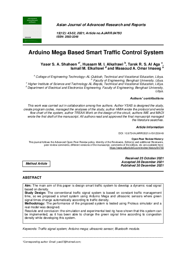 (PDF) Arduino Mega Based Smart Traffic Control System | yasser shahein - Academia.edu