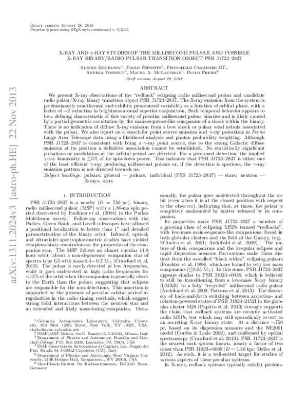 (PDF) X-Ray and Γ-Ray Studies of the Millisecond Pulsar and Possible X ...