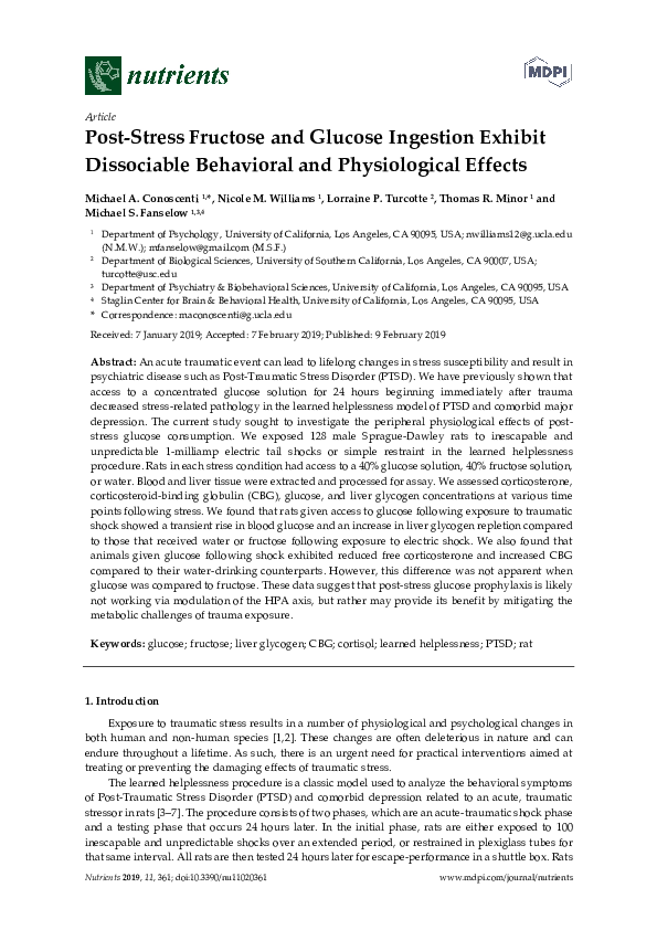 (PDF) Post-Stress Fructose and Glucose Ingestion Exhibit Dissociable ... (PDF) Post-Stress Fructose and Glucose Ingestion Exhibit Dissociable ...