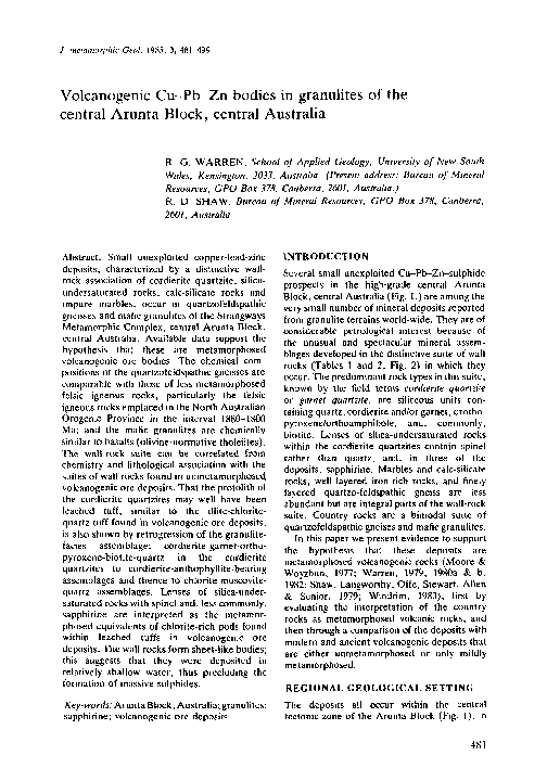 (PDF) Volcanogenic Cu?Pb?Zn bodies in granulites of the central Arunta ...