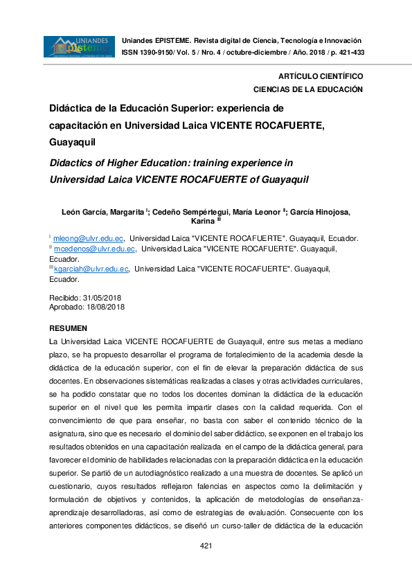 (PDF) Didáctica de la Educación Superior: experiencia de capacitación en Universidad Laica ...
