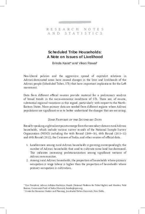 (PDF) Scheduled Tribe Households: A Note on Issues of Livelihood