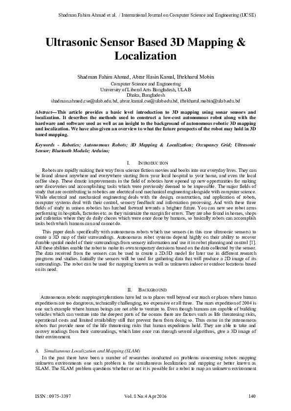 (PDF) Ultrasonic Sensor Based 3D Mapping & Localization