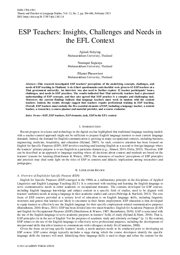 (PDF) ESP Teachers: Insights, Challenges and Needs in the EFL Context