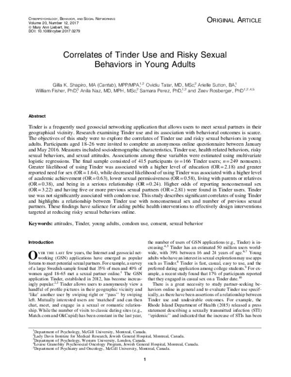 (PDF) Correlates of Tinder Use and Risky Sexual Behaviors in Young Adults