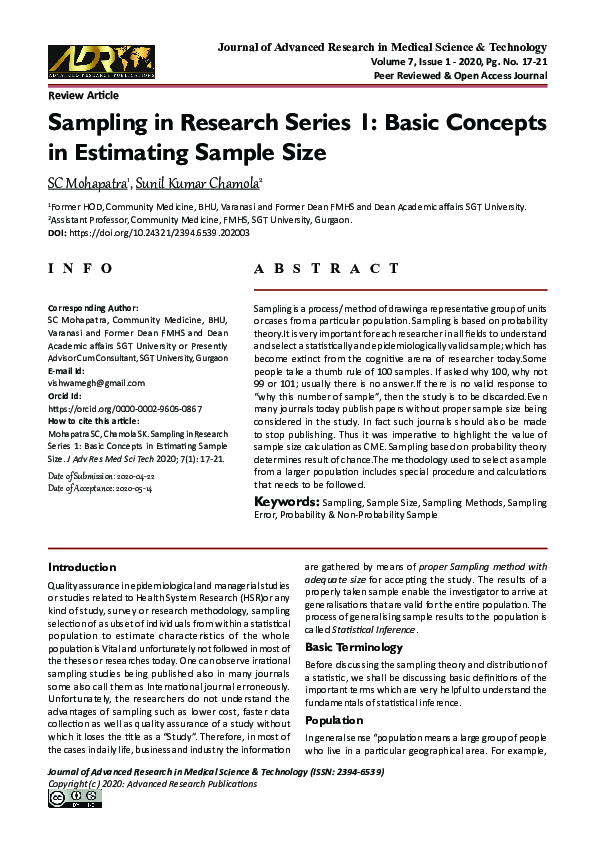 (PDF) Sampling in Research Series 1: Basic Concepts in Estimating Sample Size