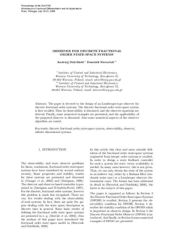 Pdf Observer For Discrete Fractional Order State Space Systems